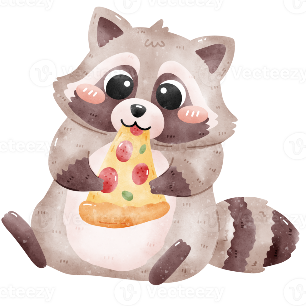 Cute raccoon siting and eating pizza so yummy cartoon watercolor ...