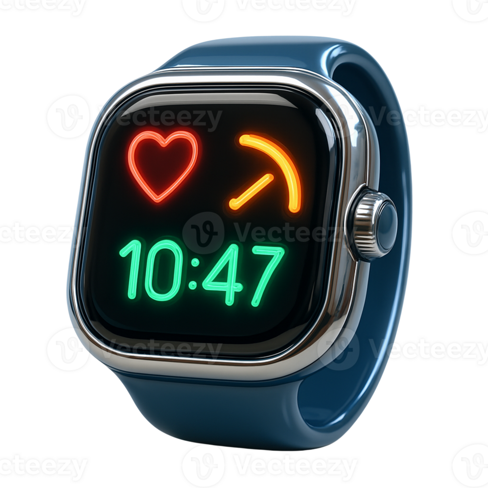 Modern smartwatch with neon display showing time heart rate and ...