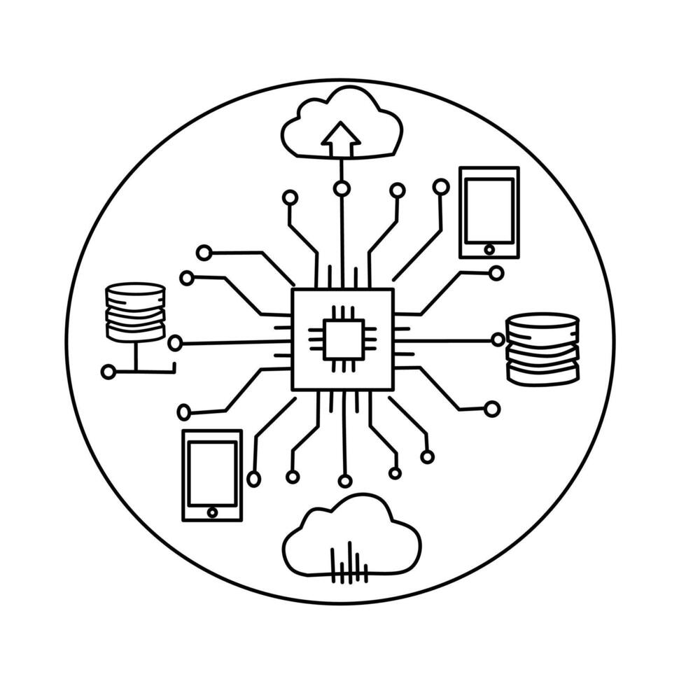 Outline illustration in circle showing a microchip connected to clouds tablets and database ...
