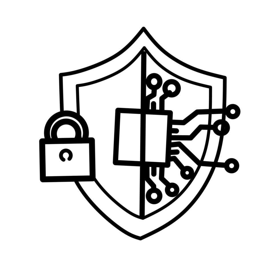 Black outline illustration of a security shield with a padlock at its center, encircled by a ...