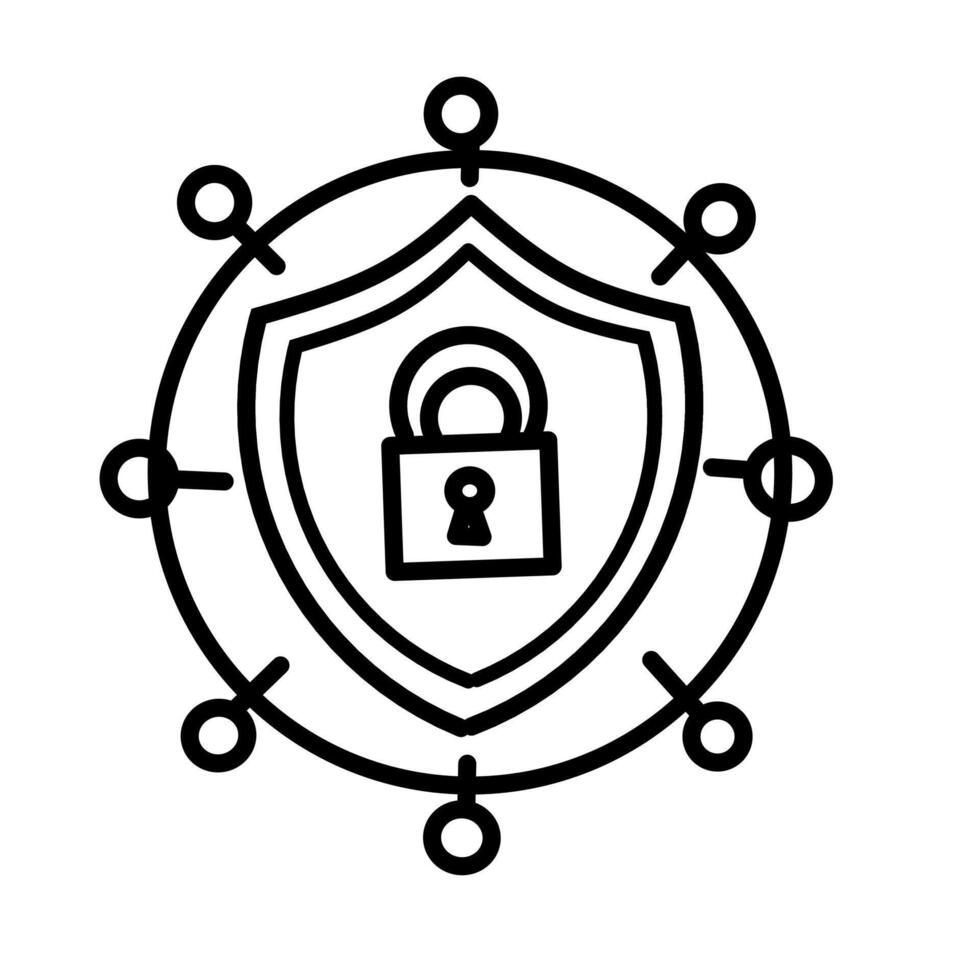 Black outline illustration of a security shield with a padlock at its center, encircled by a ...