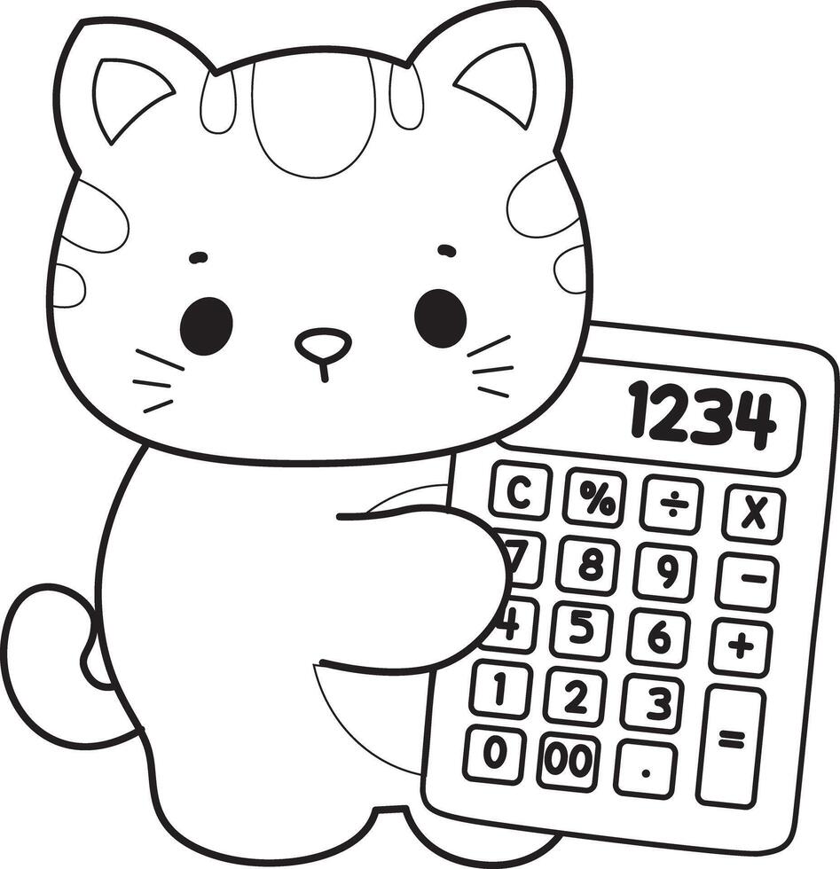 Outline of kitten bring a calculator. Coloring pages of Kawaii animal ...
