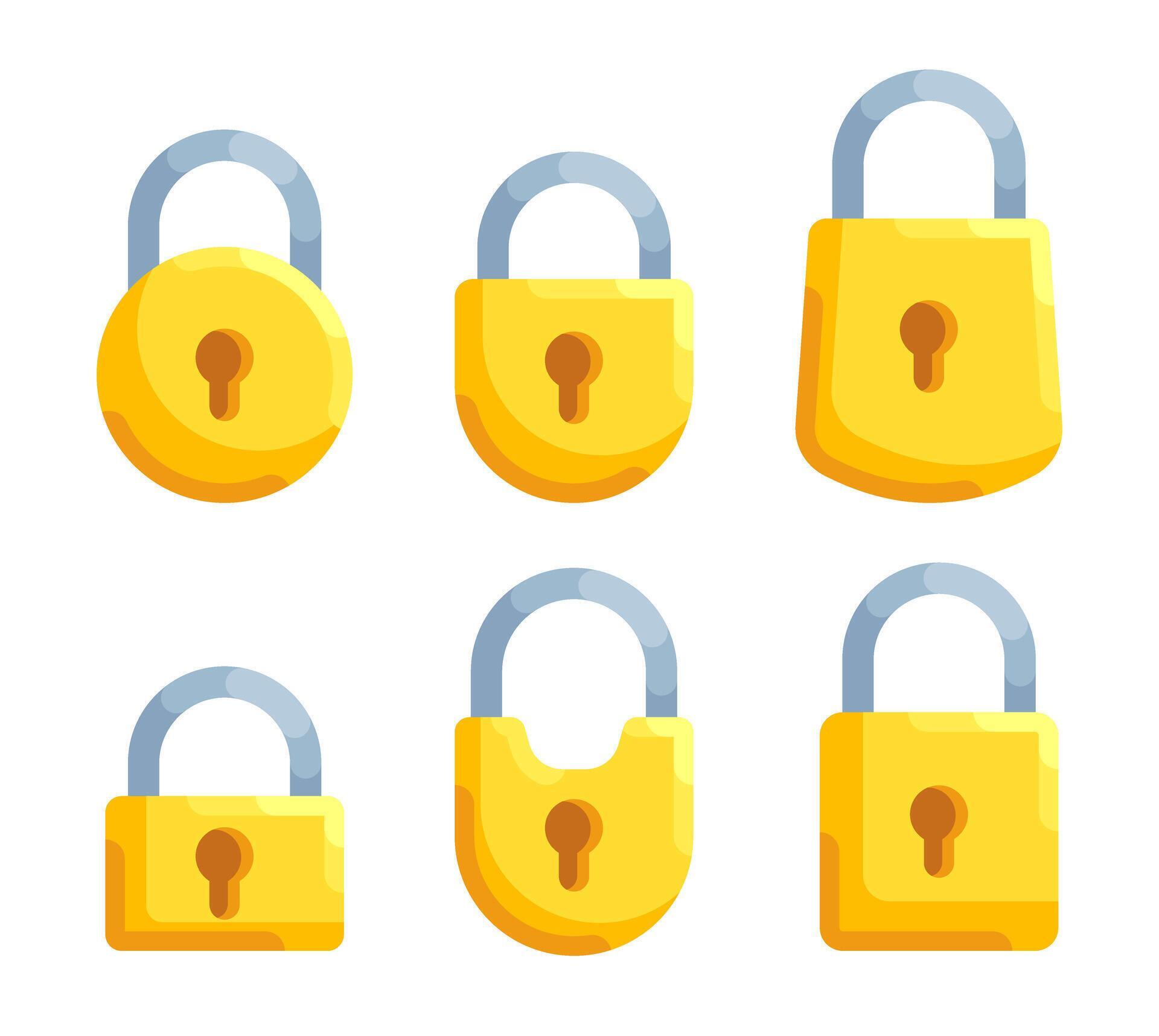 Set of illustrations of simple locks of different shapes in yellow ...