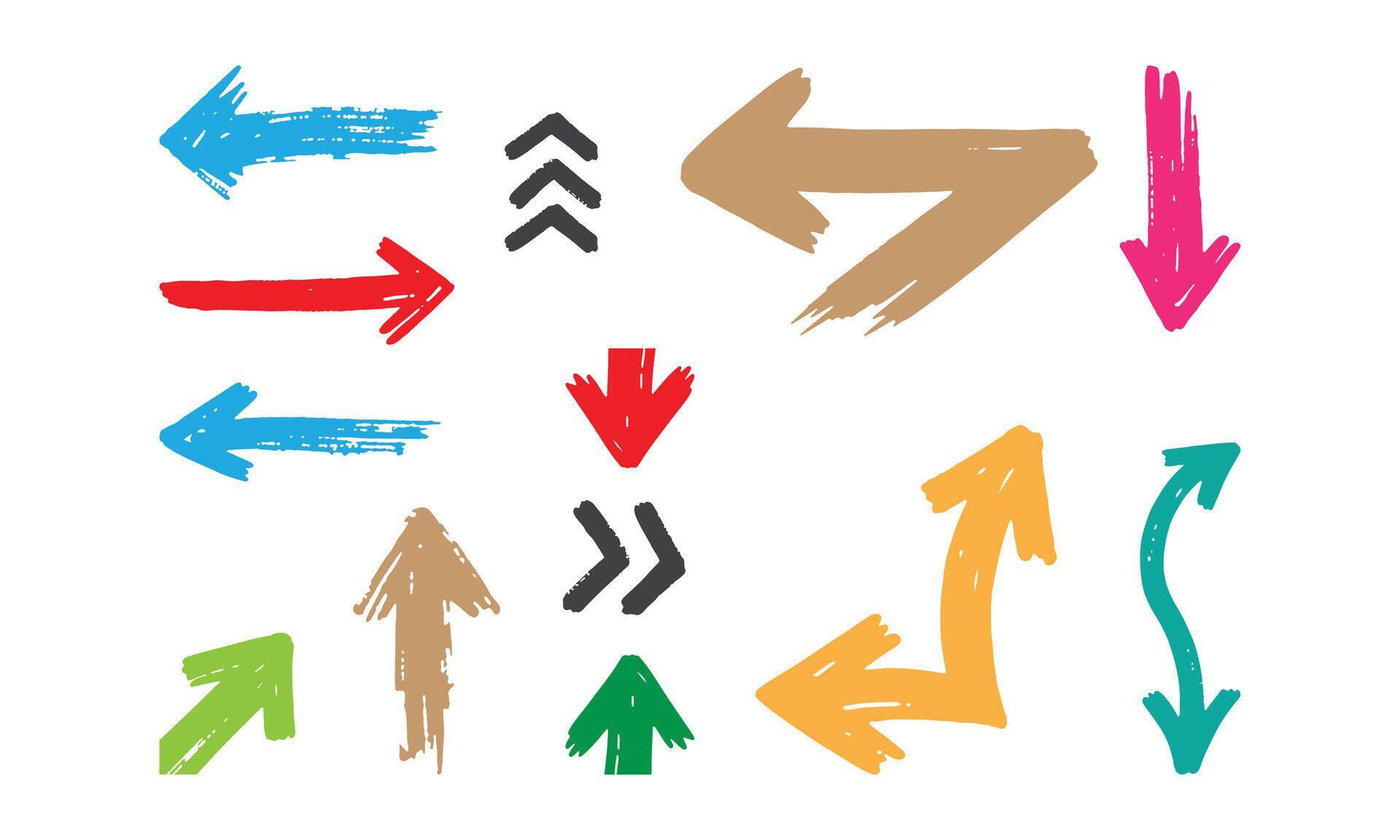 Collection of colorful hand drawn brush stroke arrows set pointing in various directions ...