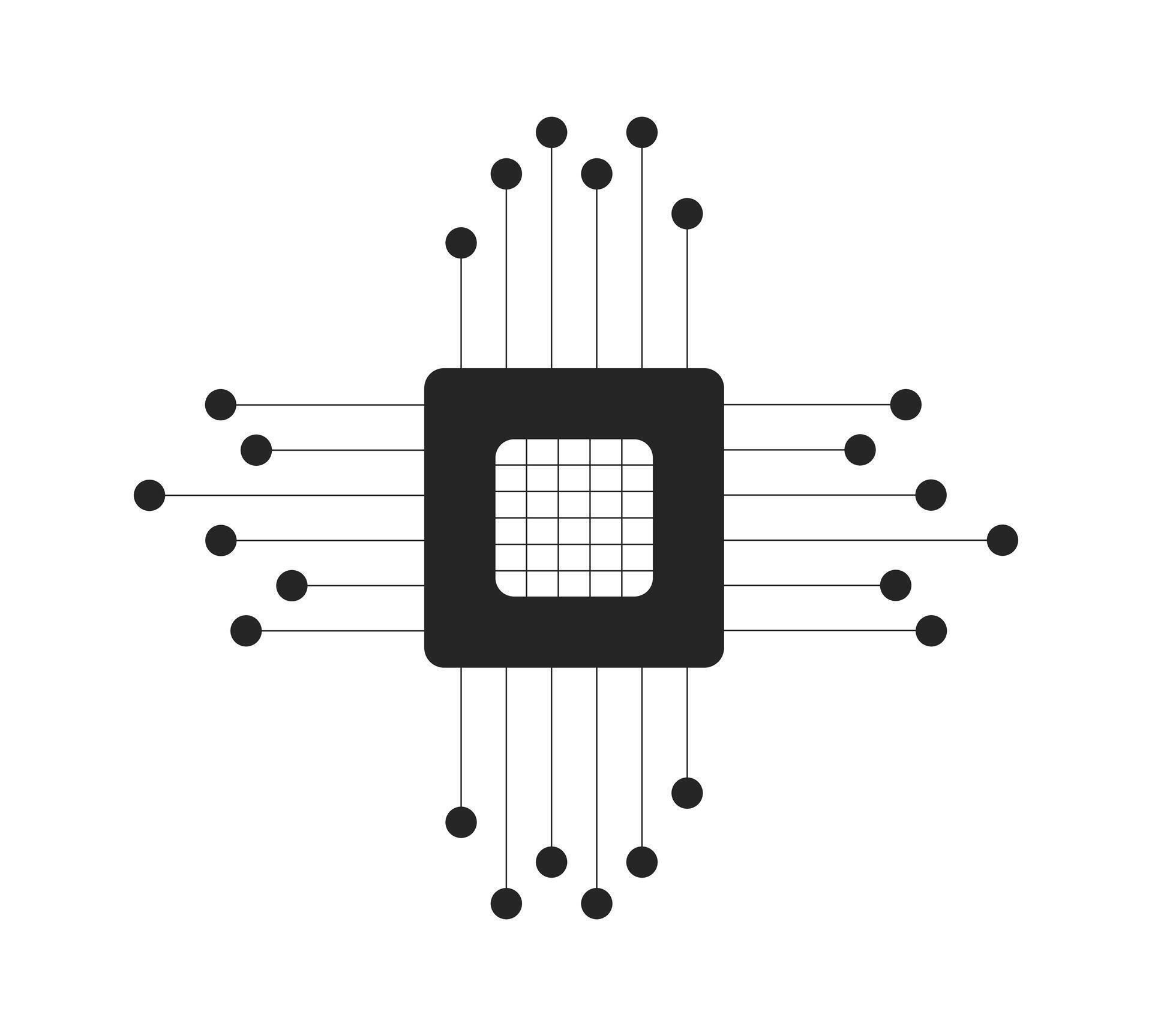 Central microchip with extending circuit nodes 2D line object ...