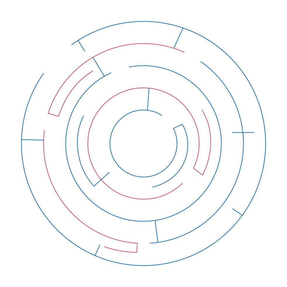 Circular maze puzzle with paths 2D cartoon object. Logic game. Complexity, problem-solving ...
