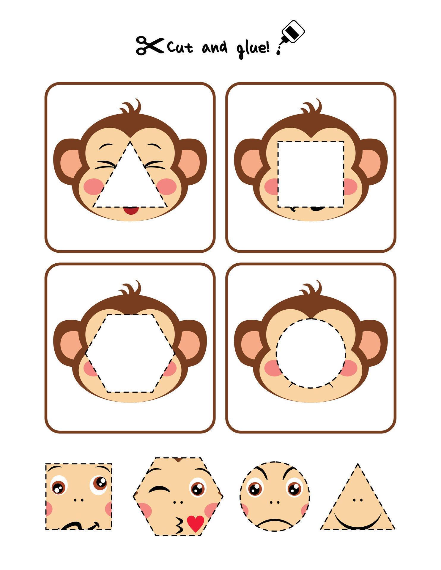 Funny Monkey Shapes Page Cut, Match and Learn Activity 67740016 Vector ...