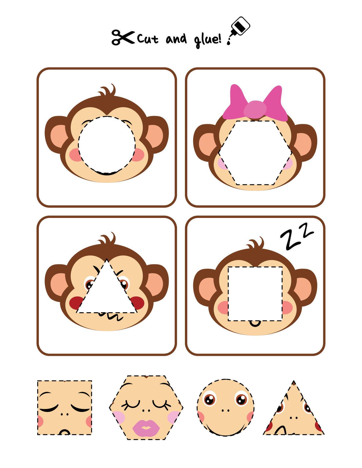Children page with activity to cut, match and learn monkey shapes ...