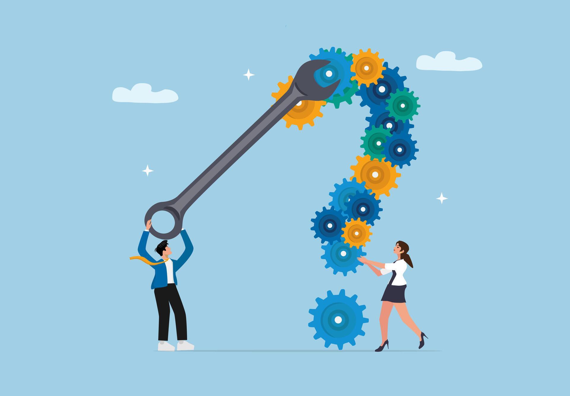 Business Teamwork Illustration Fixing Gears Together with Wrench for Problem Solving Concept ...