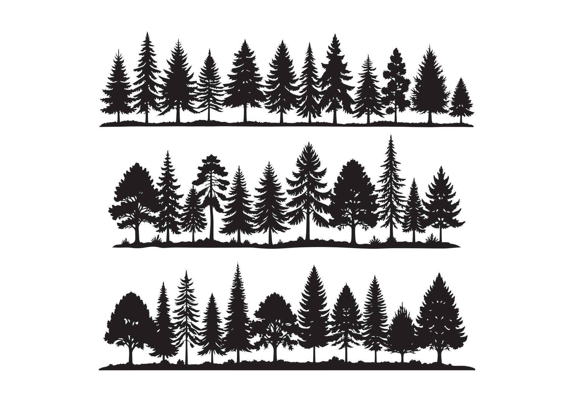 illustration of silhouetted evergreen forest tree line designs for ...