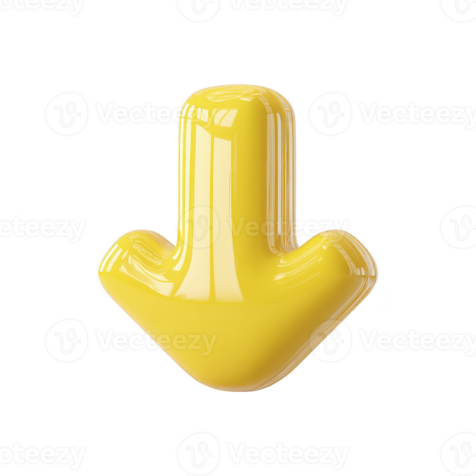 Shiny yellow 3D arrow pointing downward, with glossy finish and smooth surface, isolated on ...