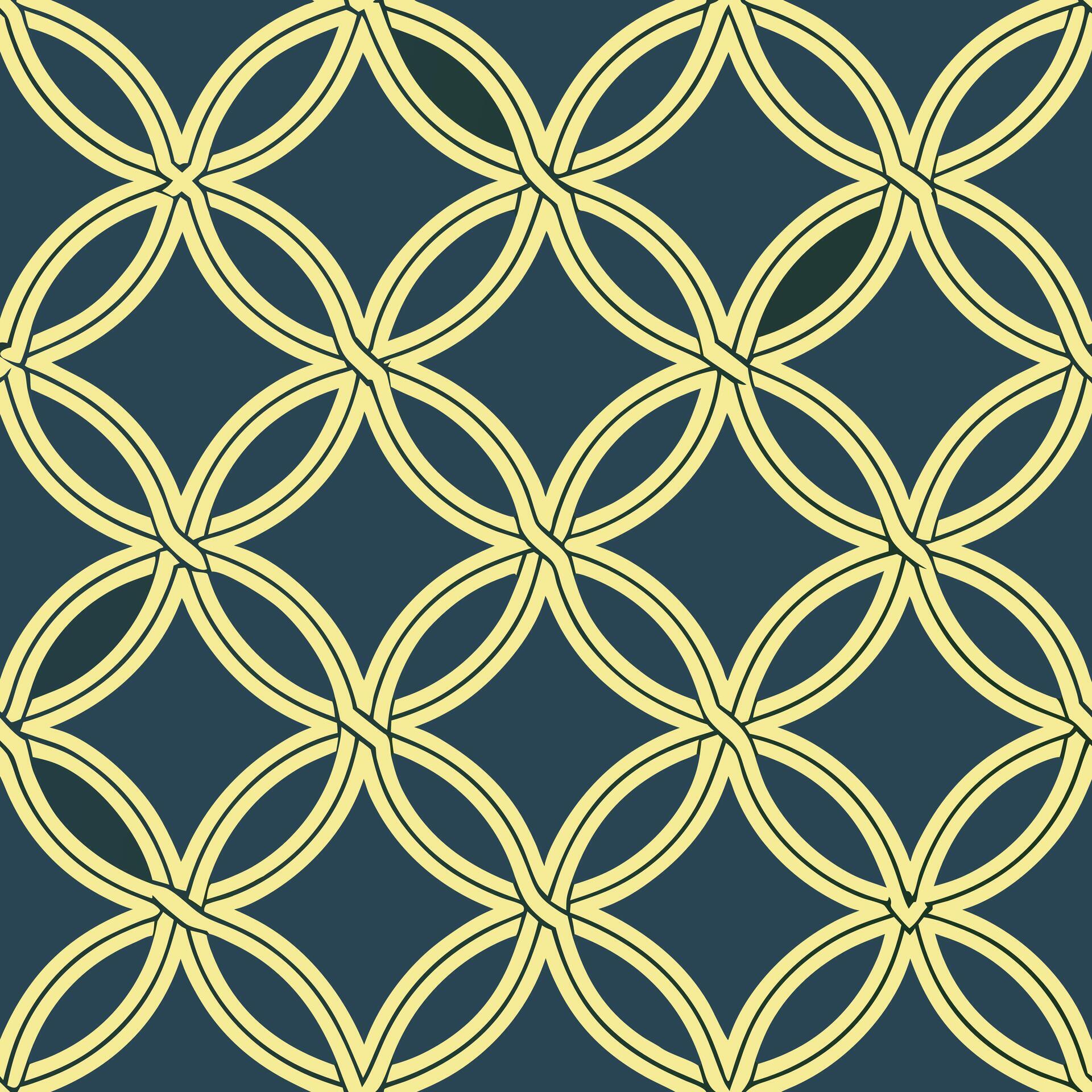 Seamless pattern of interlocking circles with a knot-like intersection, set against a dark teal ...