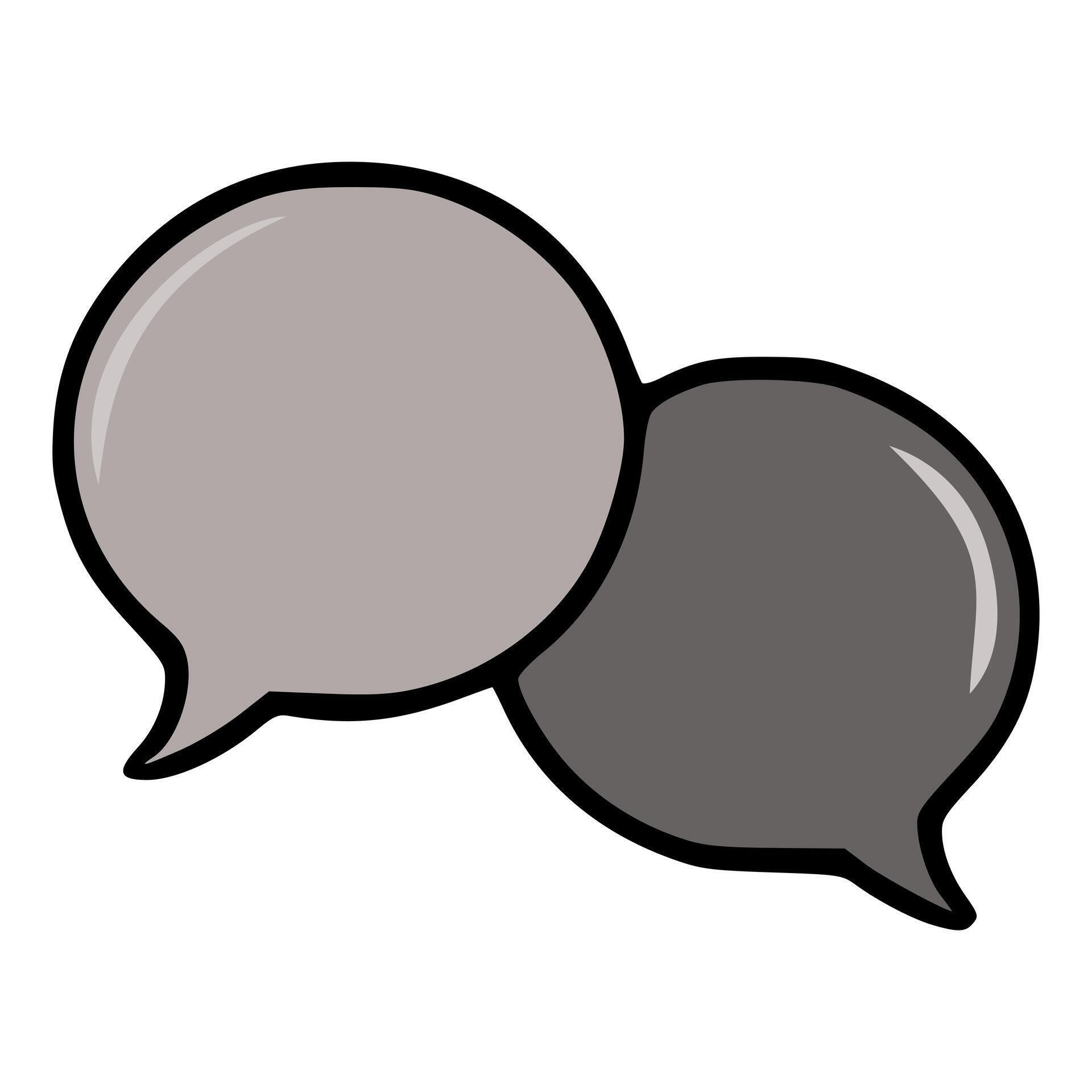 illustration of two overlapping speech bubbles in gray and dark gray tones, featuring a bold ...