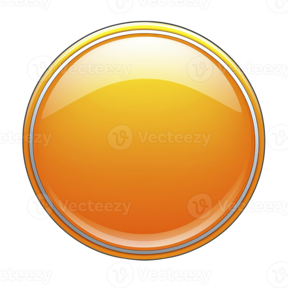 Shiny, orange, glossy button with reflective surface and circular shape, isolated on ...
