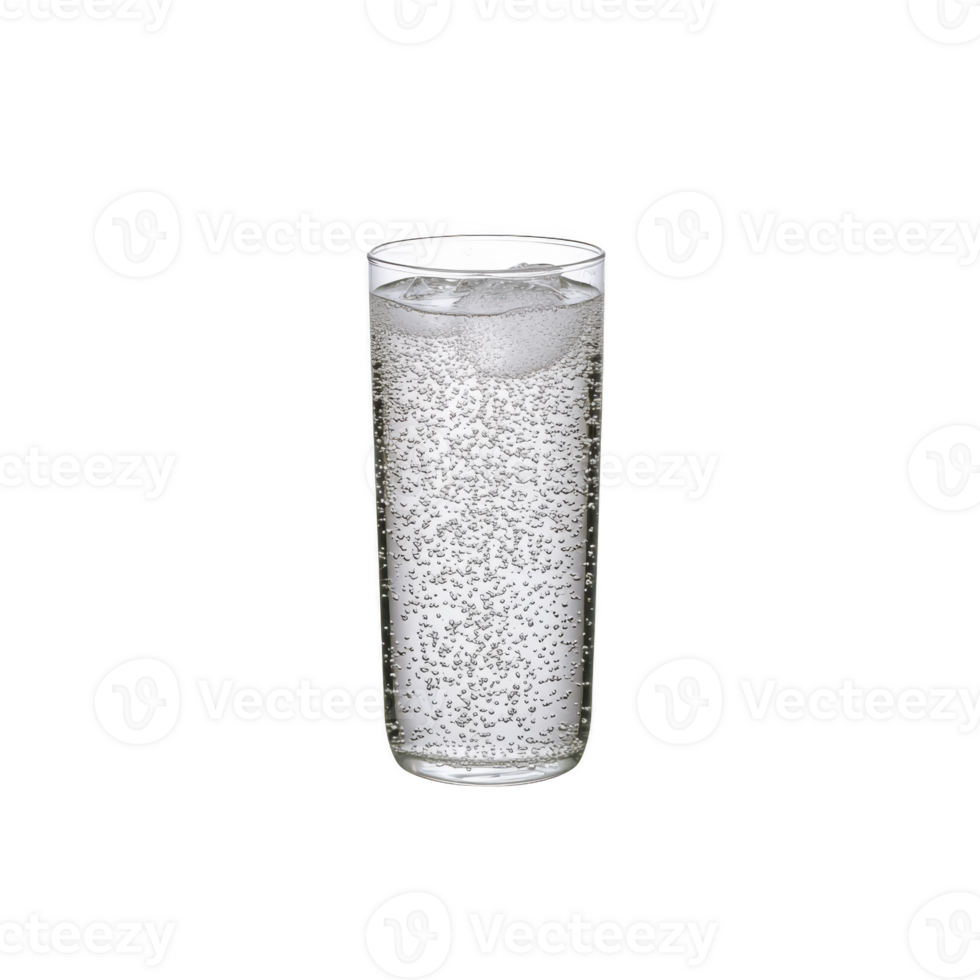Tall glass filled with refreshing sparkling water and ice cubes, showcasing bubbles rising to ...