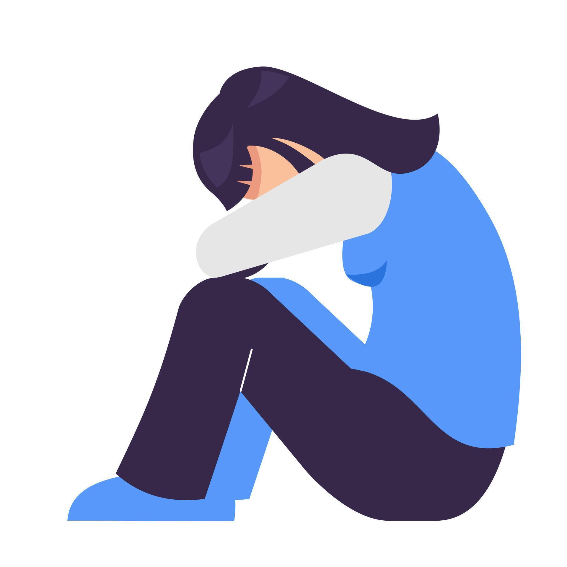 sad girl insecure flat design illustration. sit on the floor and hugging her knees. mental ...