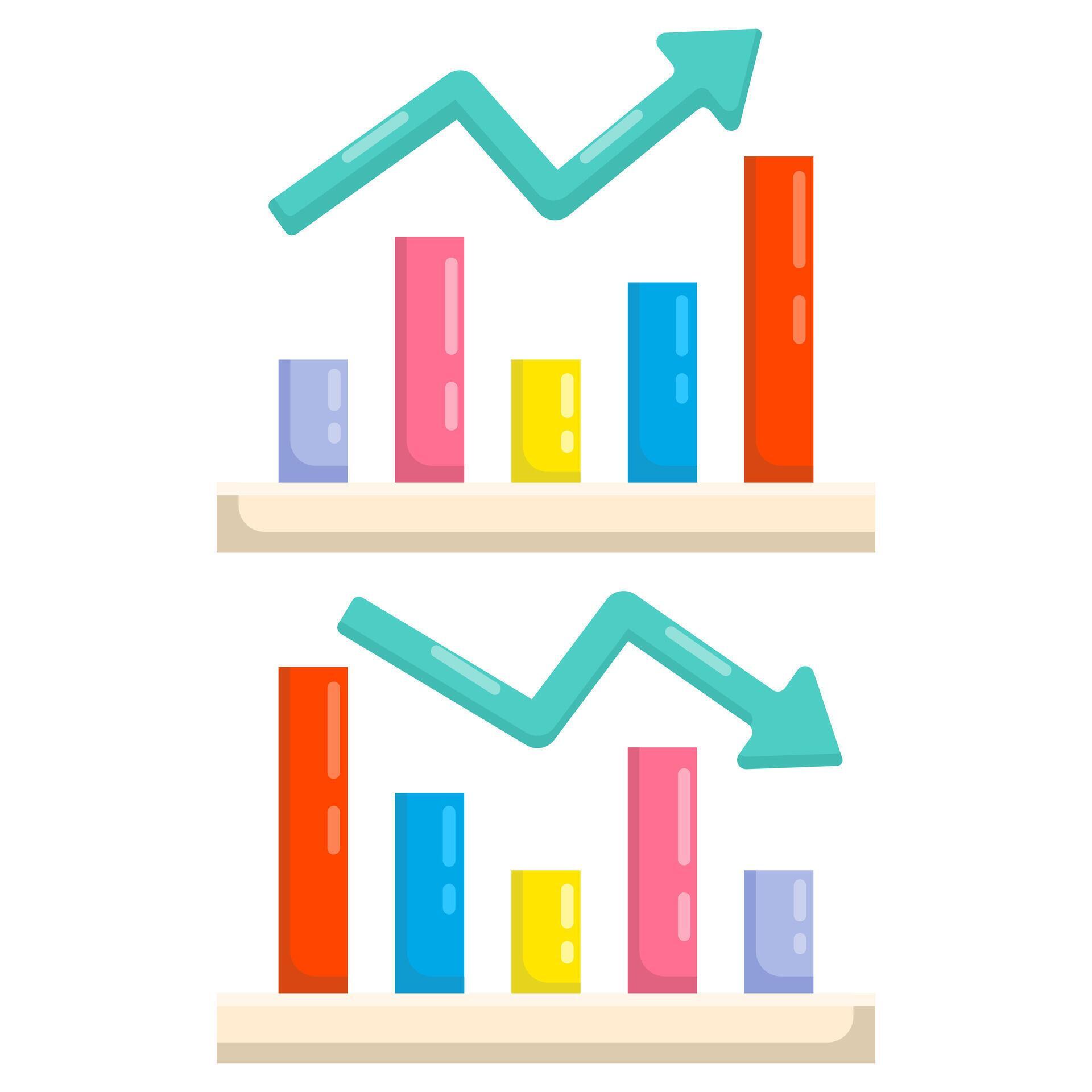 negative or positive dynamic concept. bar chart symbol with green and red arrows indicating up ...