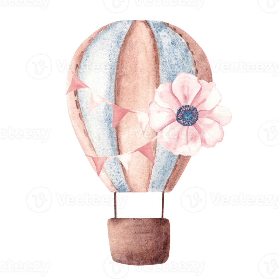 Watercolor illustration of Hot Air Balloon with pink pennants and anemone flower. Hand drawn ...