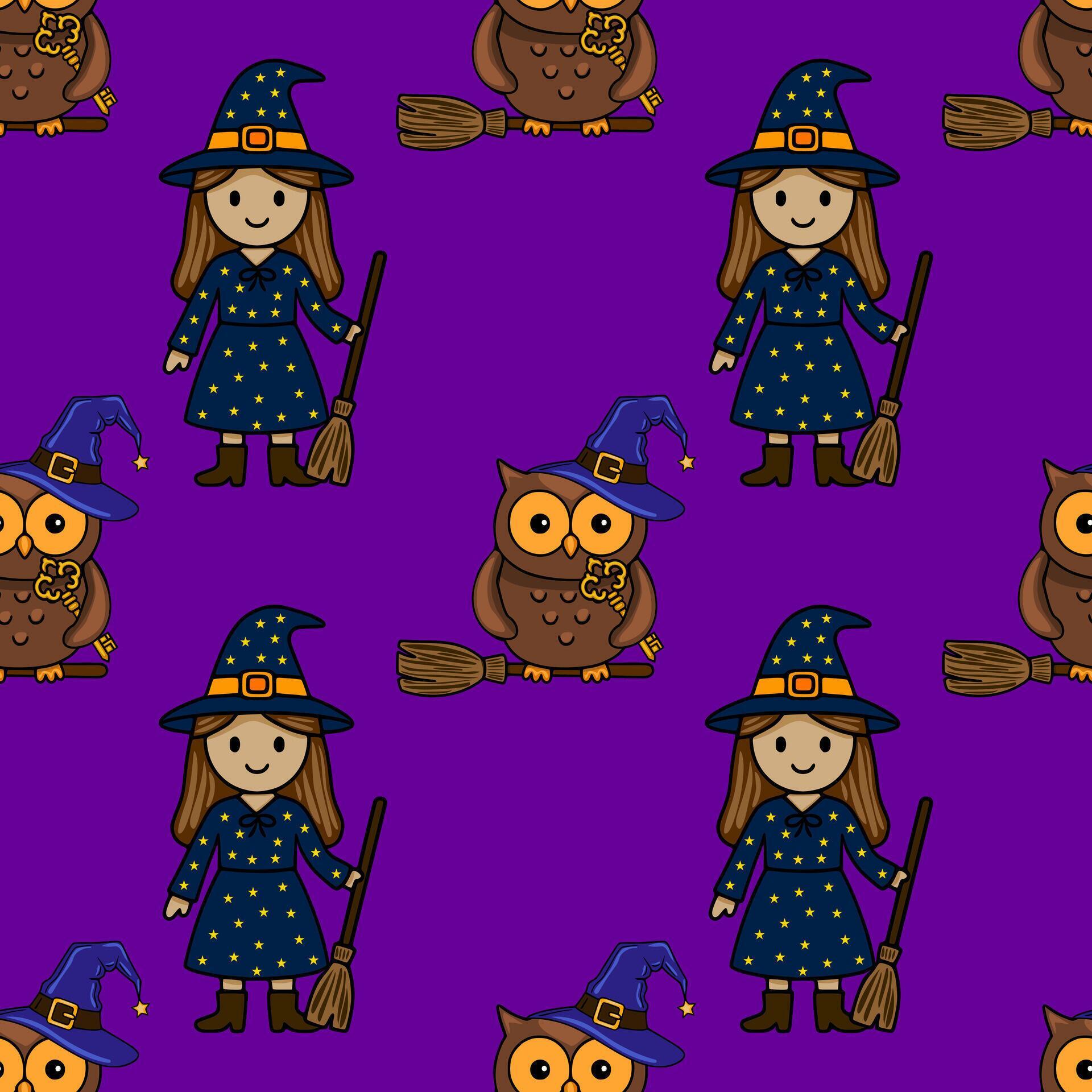 Seamless pattern featuring charming witches with broomsticks and owls ...