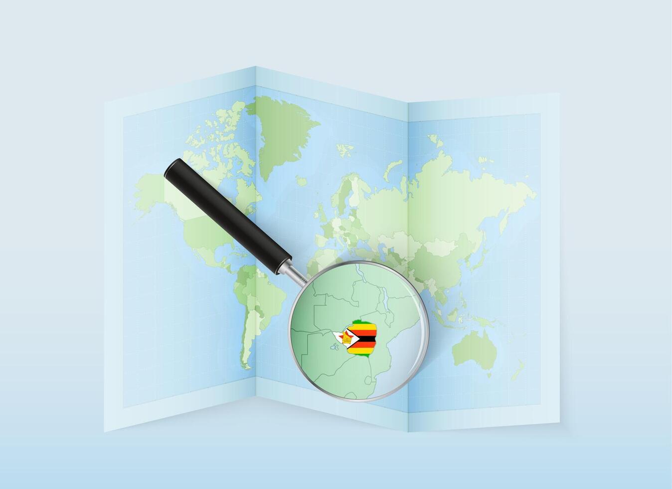 A folded world map with a magnifying lens pointing towards Zimbabwe. Map and flag of Italy in ...