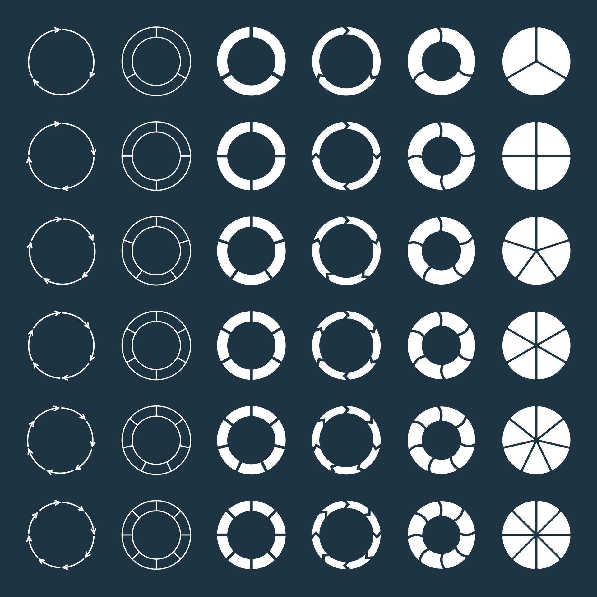 Segmented and multicolored pie charts and arrows set with 3, 4, 5, 6, 7 and 8 divisions ...