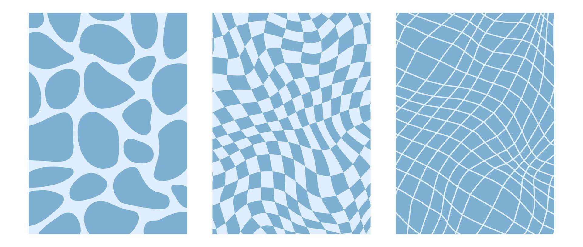 Retro distorted checker board background. Blue trippy psychedelic checkered wallpaper. Wavy ...