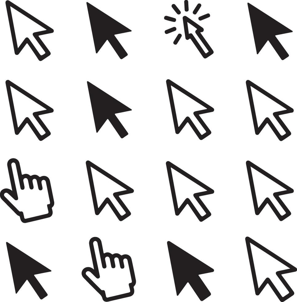 Collection of Black and White Cursor Icons Including Arrow Cursors and ...