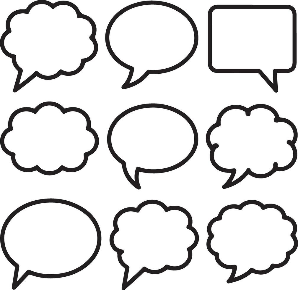 Nine Black Outline Speech Bubbles Set Graphic Design Elements Various Shapes Irregular Round ...