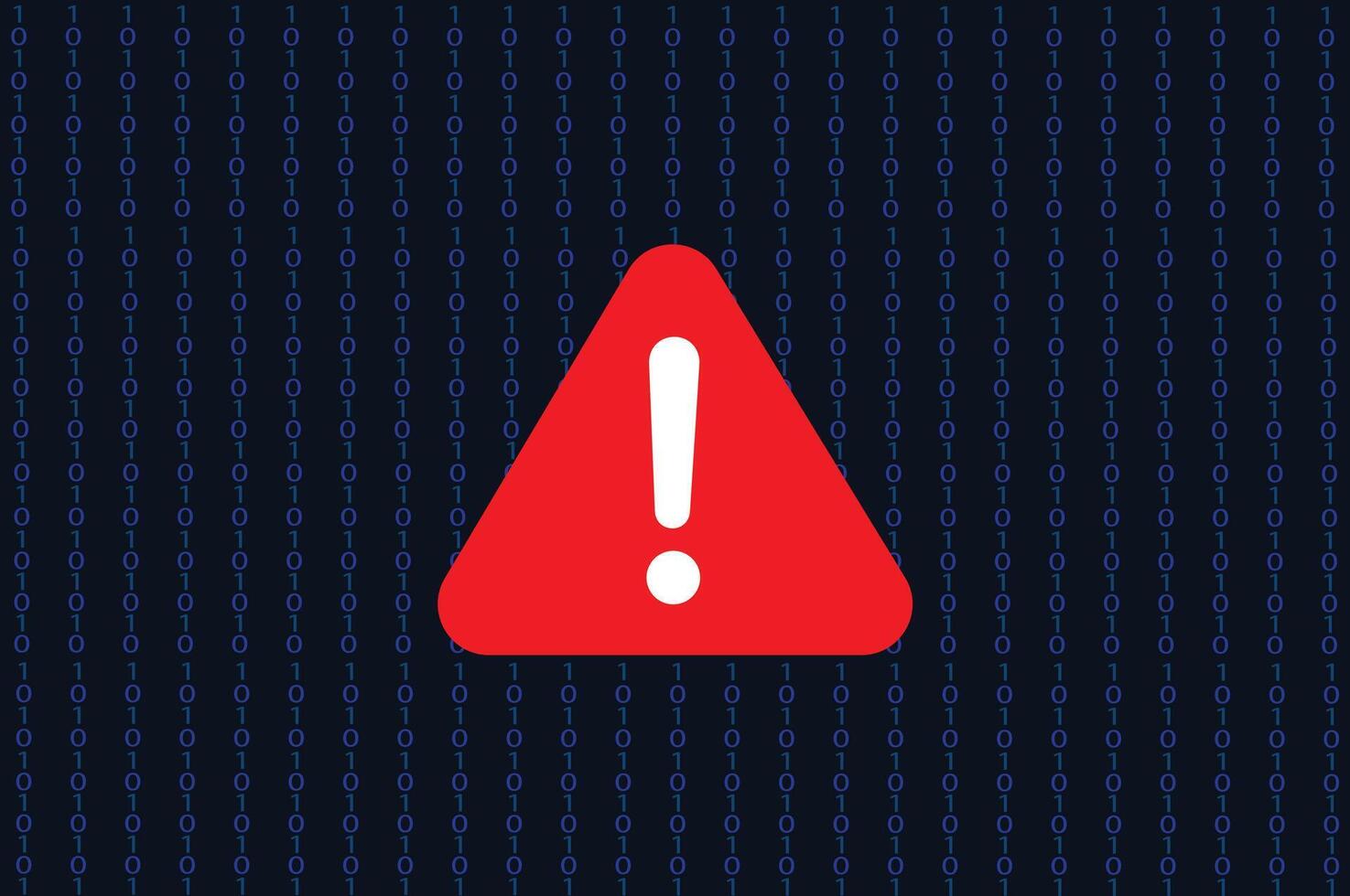 Flat illustration of a cybersecurity alert, featuring a bright red warning sign with an ...