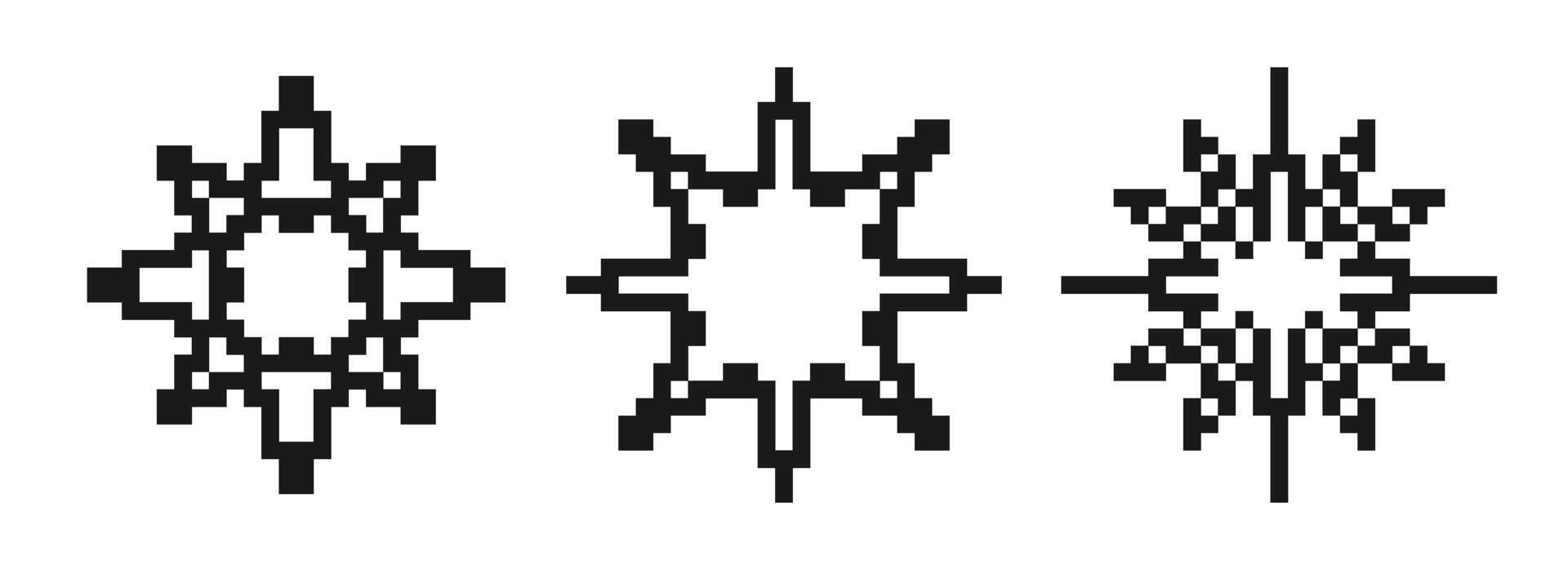 Pixelated stars and snowflakes element set. Black 8-bit pixel art collection. Retro binary ...