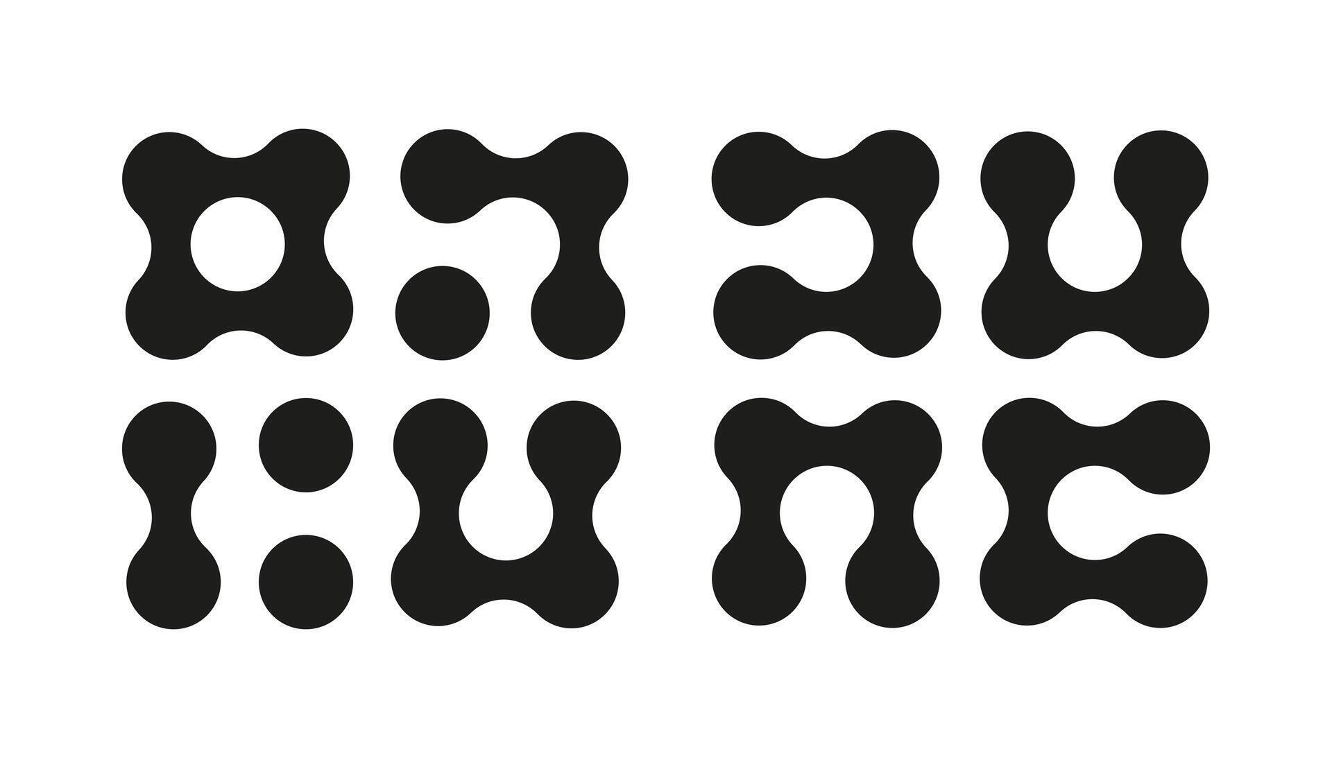 Metaball icons. Connected dots signs. Circles pattern. Integration abstract symbol. Point ...