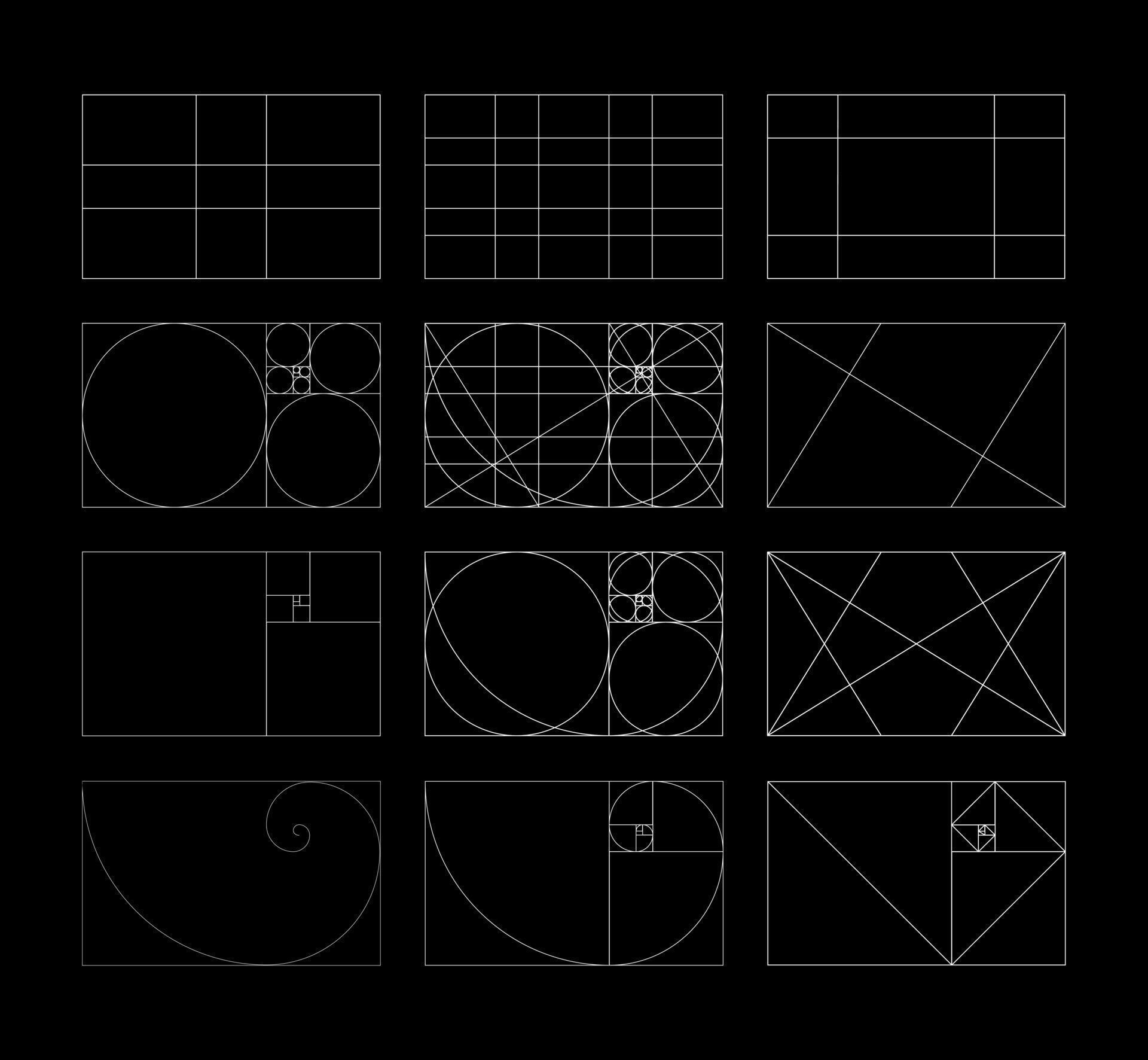 Golden ratio template. Method golden section set. Fibonacci array, numbers. Harmony proportions ...
