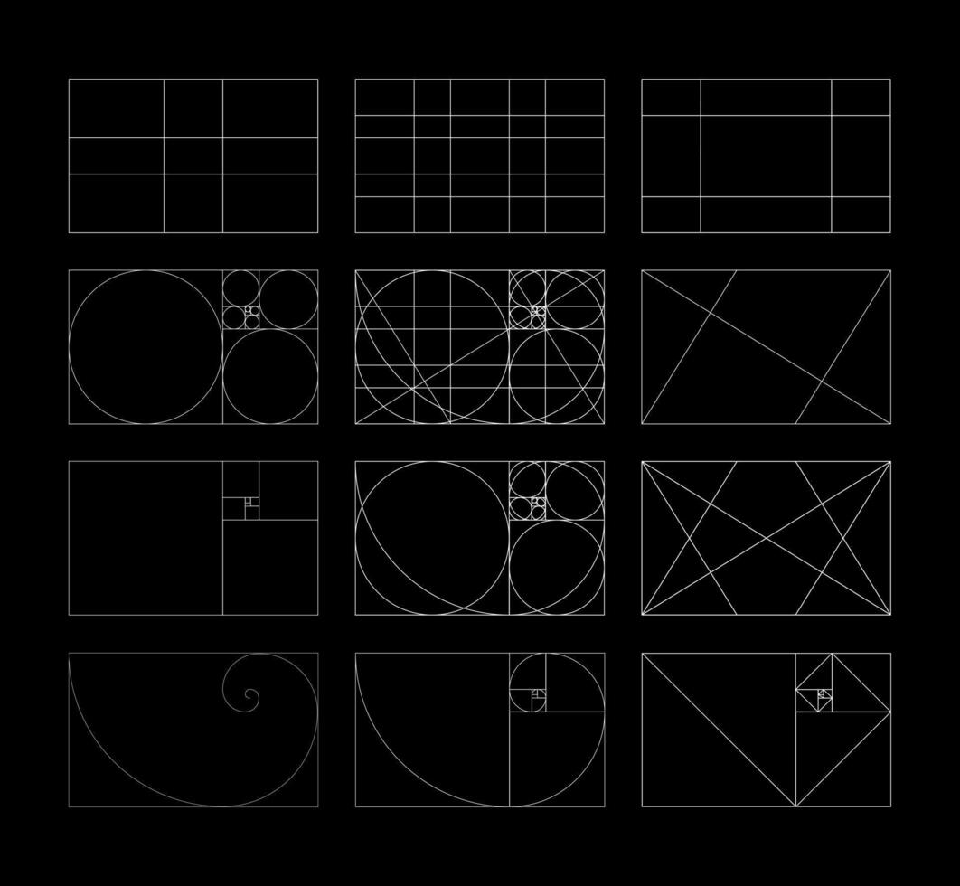 Golden ratio template. Method golden section set. Fibonacci array, numbers. Harmony proportions ...