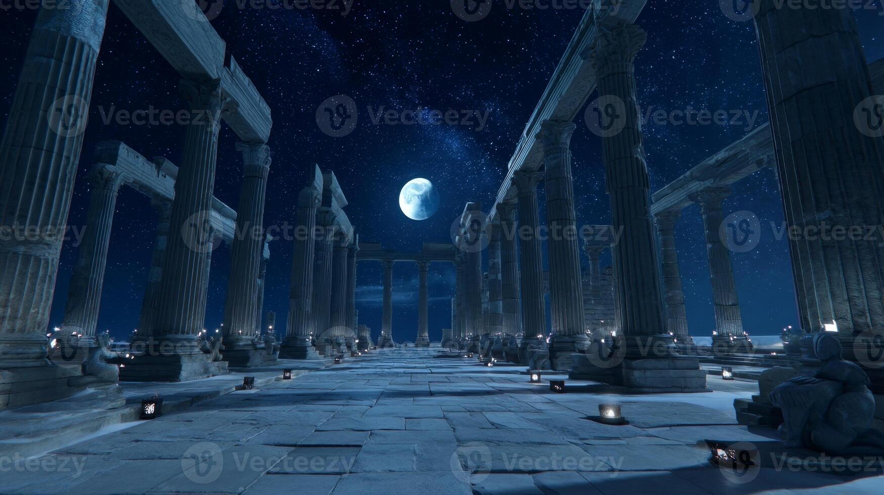 Ancient ruins illuminated under moonlight, showcasing tall columns and a starry night sky ...