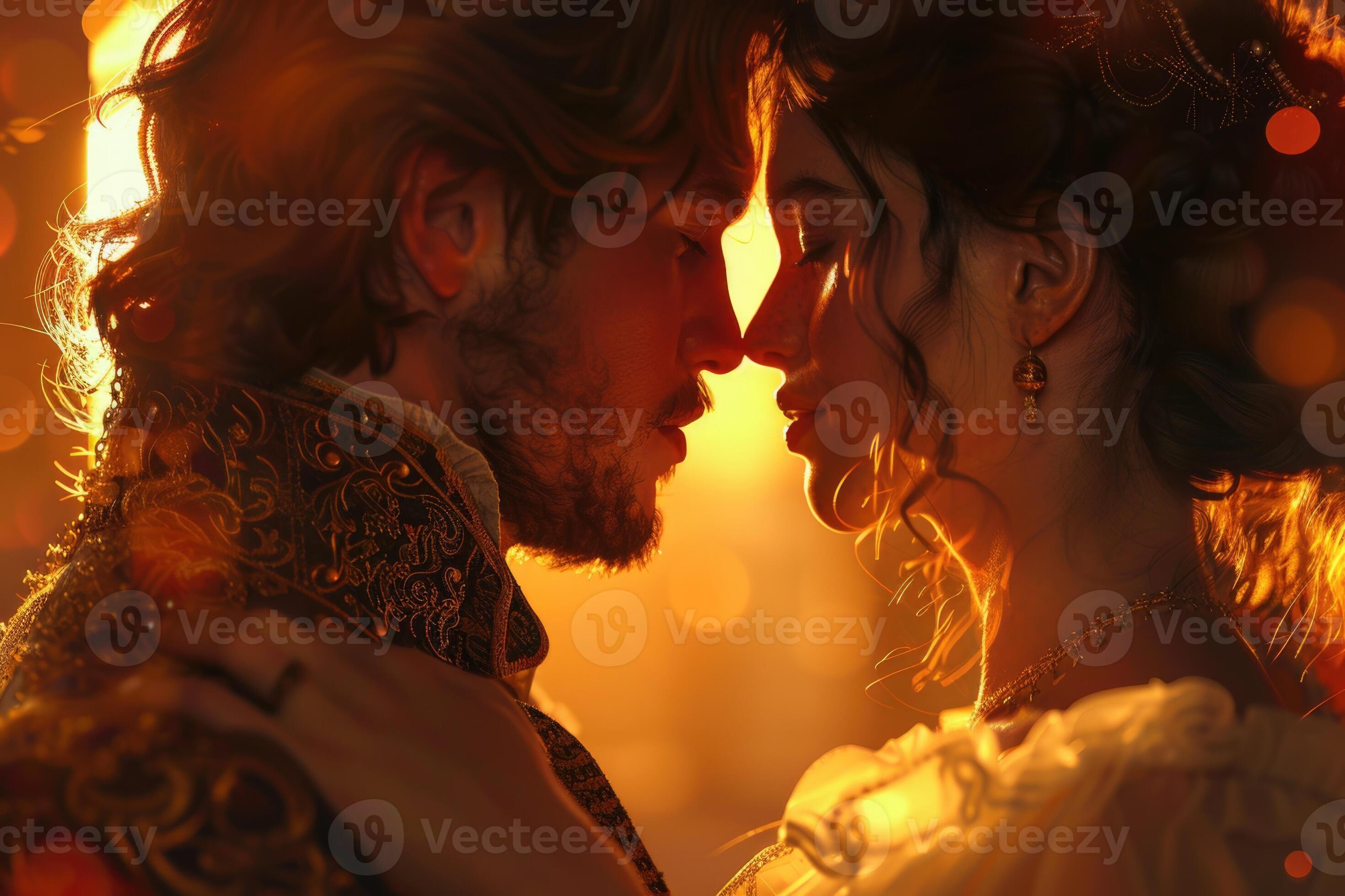 A man and woman are kissing in front of a golden light 68287903 Stock Photo at Vecteezy