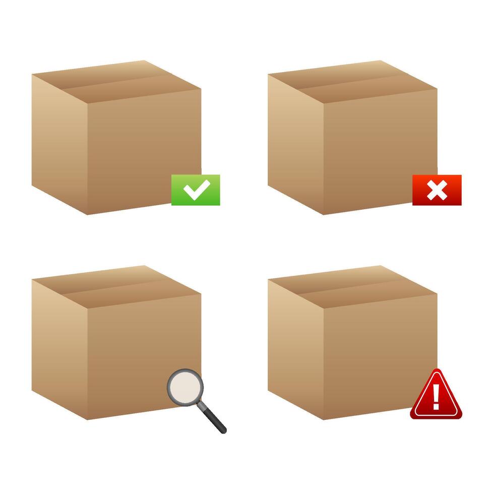 Cardboard box icon set approved, rejected, checked and warning package symbols. illustration ...