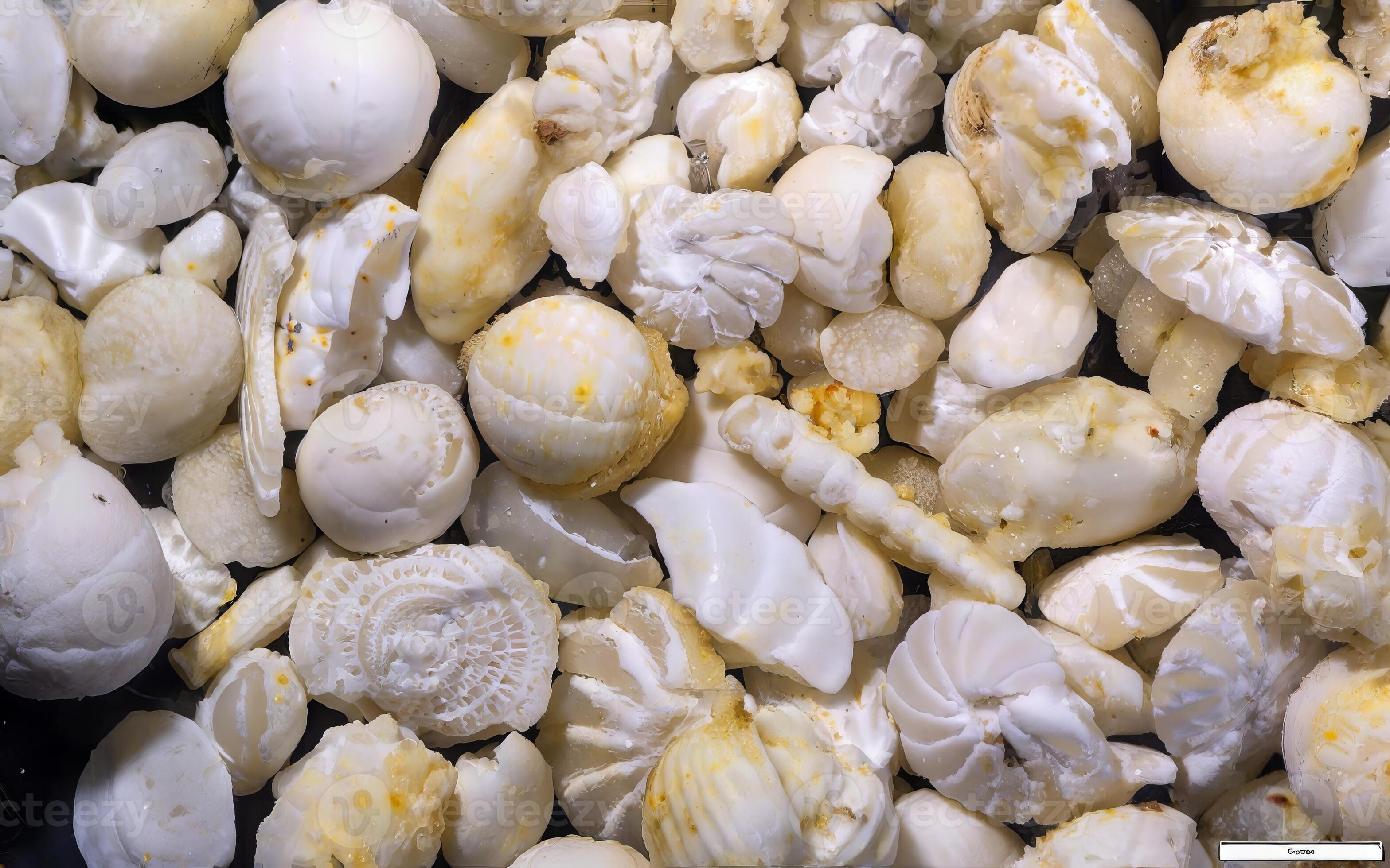 Assorted foraminifera shells under magnification showing various fossil microfauna shapes ...