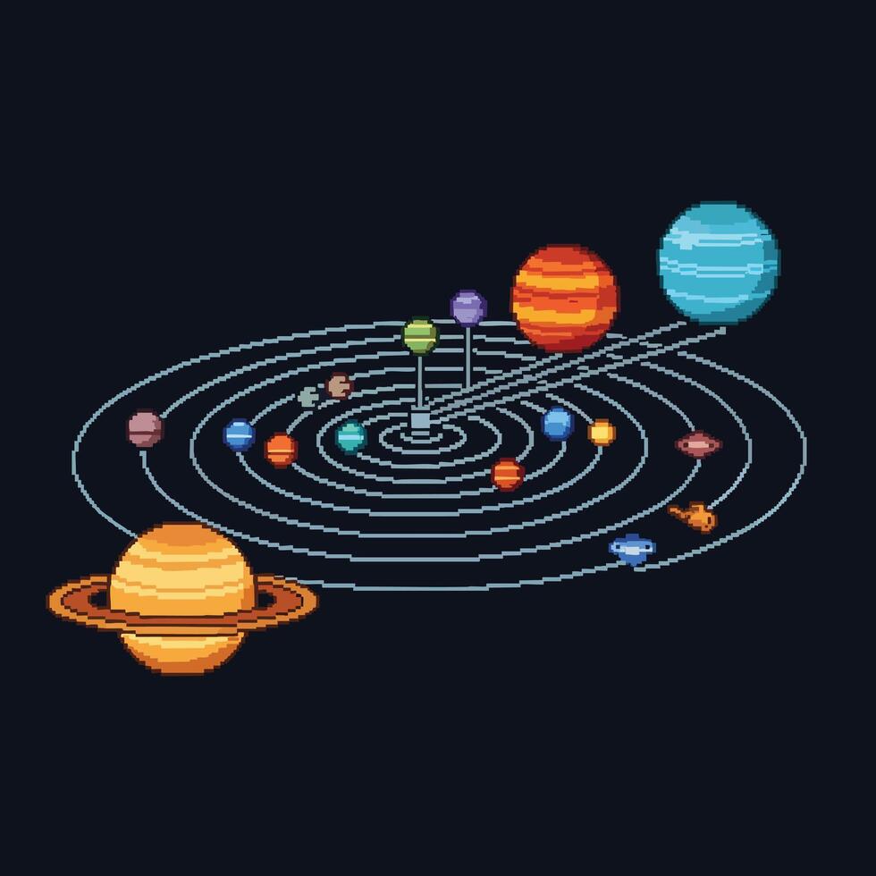 Pixel Art Solar System with Planets and Orbits on Dark Background ...
