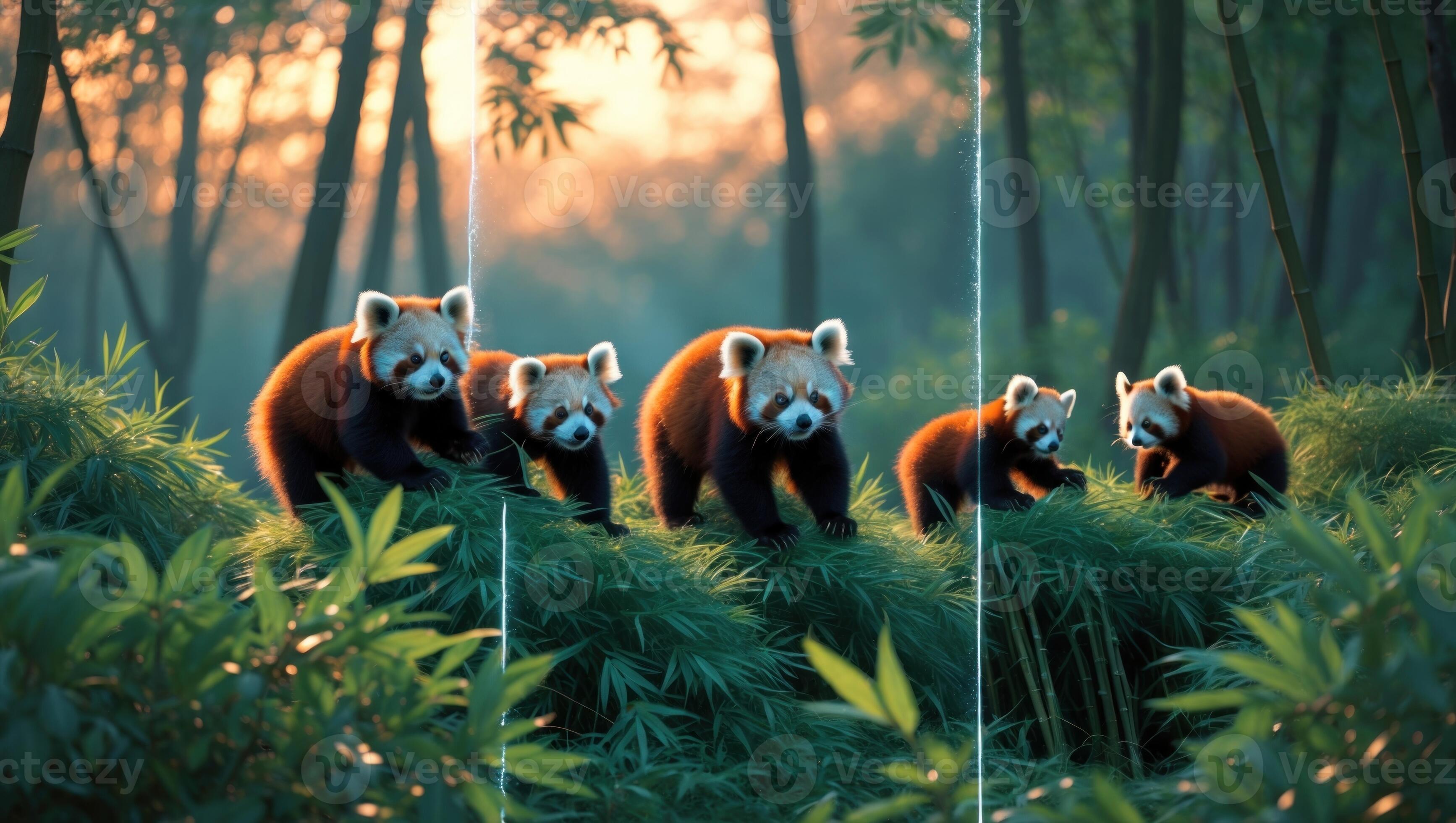 Group of red pandas exploring a lush bamboo forest during sunset ...