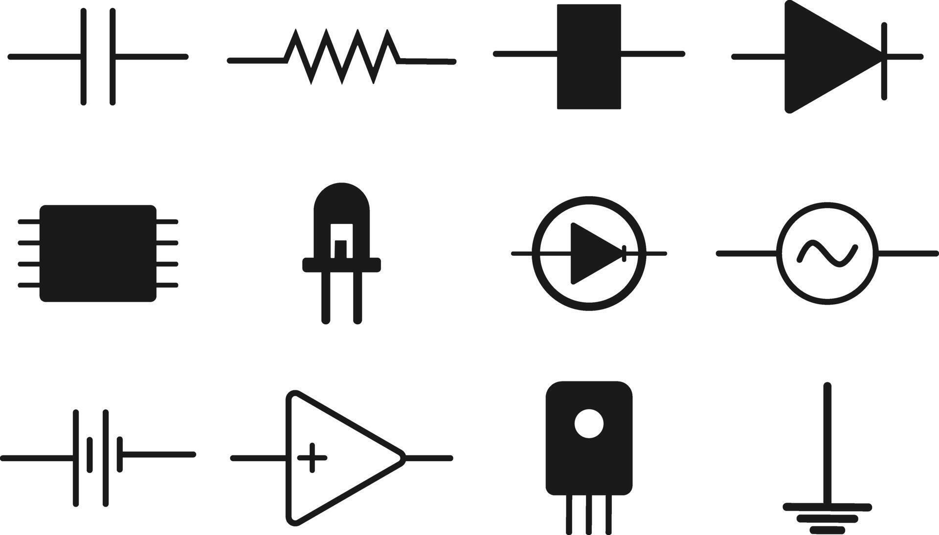 Electronic Circuit Symbols Icon Set .Twelve Minimalist Black ...