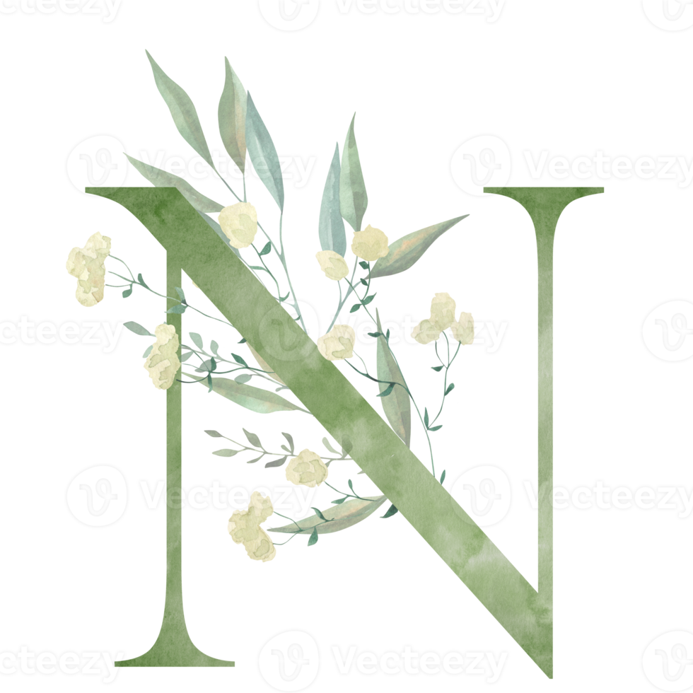 Watercolor Floral Alphabet Clipart Botanical Monogram Letter N with ...