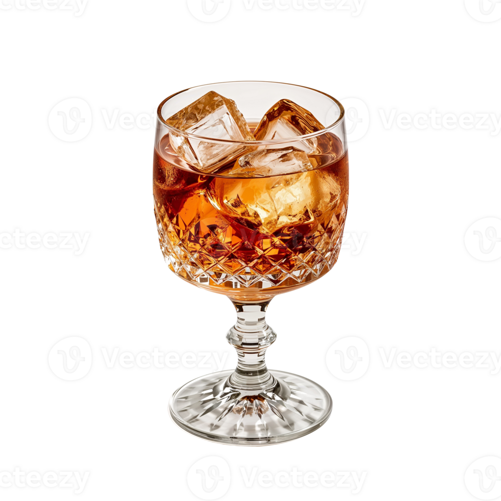 Elegant crystal glass filled with amber liquid and ice cubes showcases refreshing beverage ...