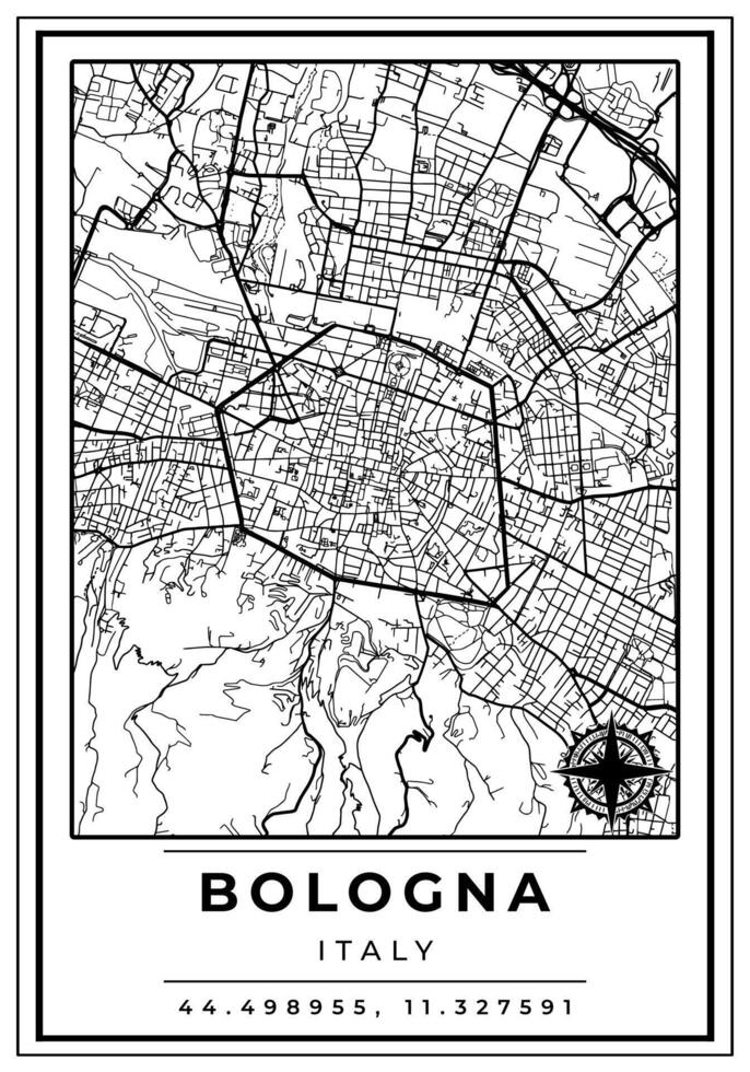 Downtown Street Maps of Bologna City Italy, Black and White Modern ...