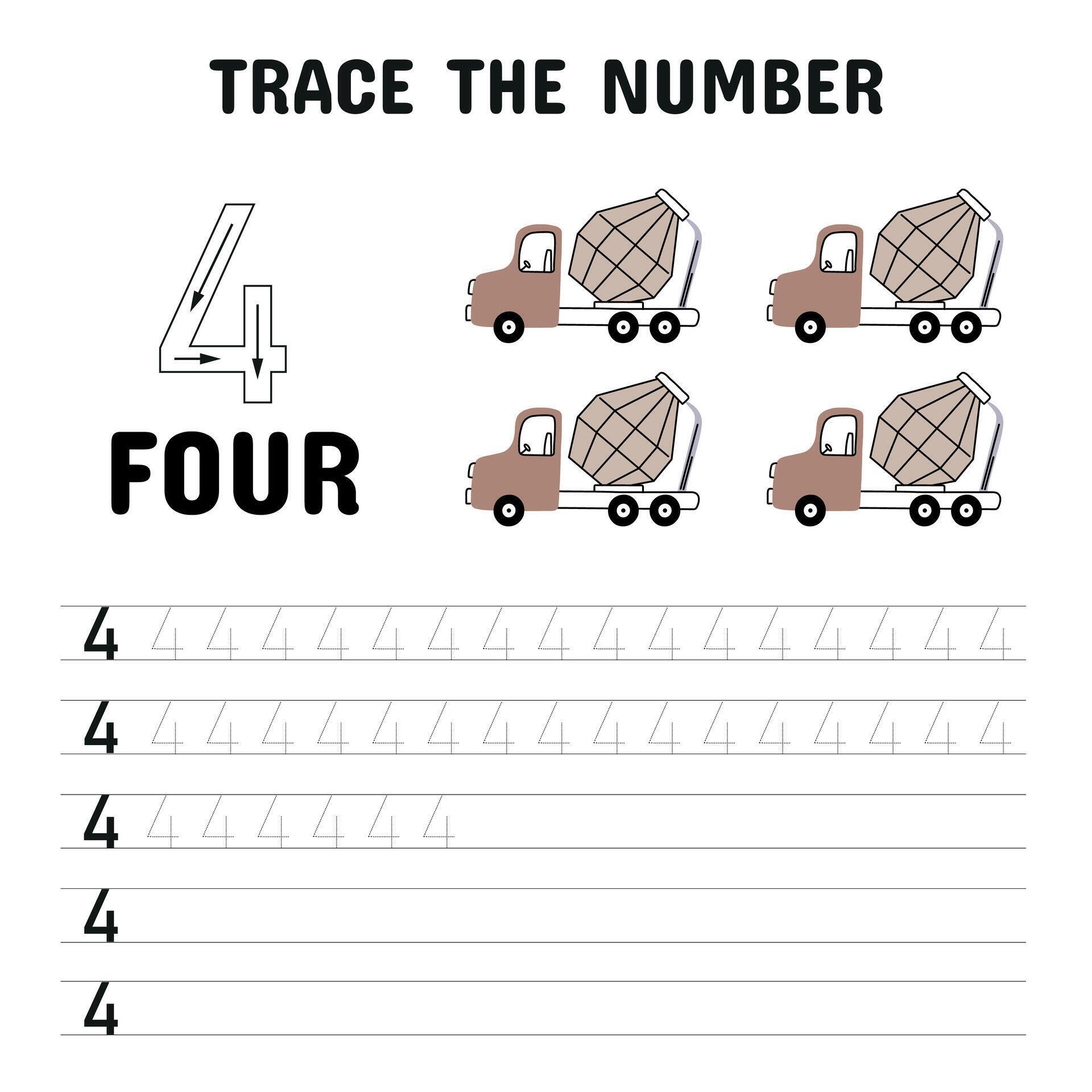 Educational number tracing worksheet with the number 4 and four ...