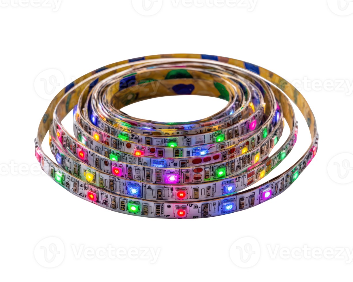 Colorful LED strip lights coiled in circular arrangement on transparency background, creating ...