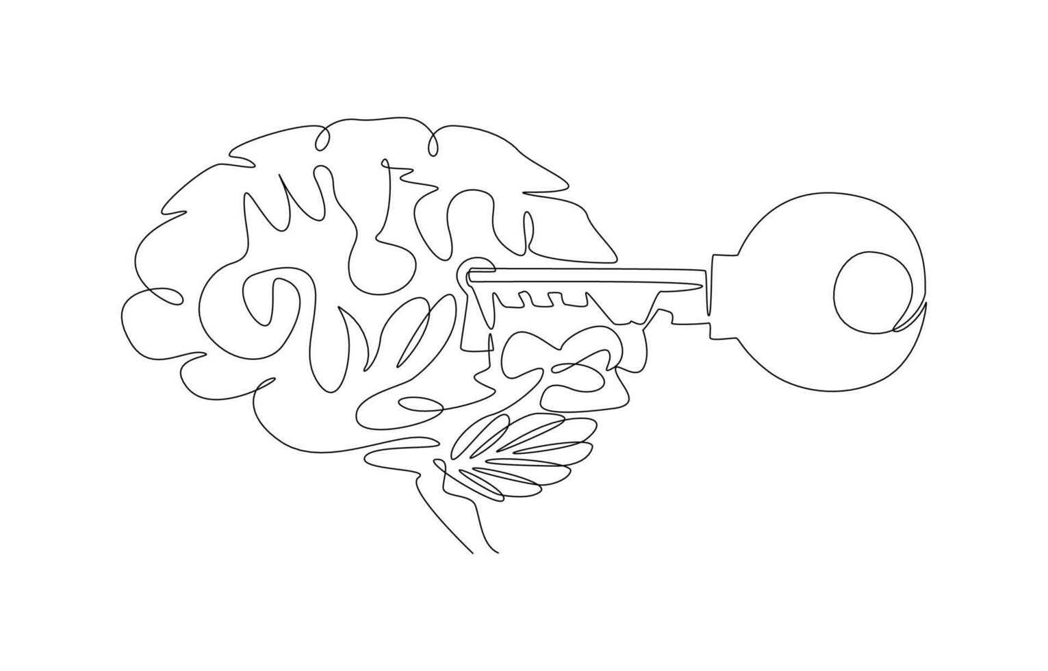 Continuous one line drawing of a brain being unlocked with a key, symbolizing knowledge ...
