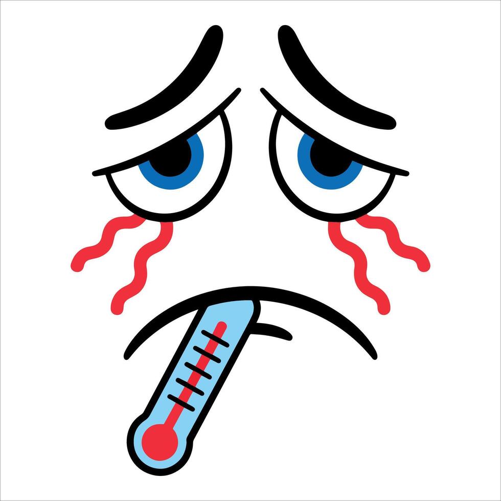 Cartoon sick face with tired expression and thermometer isolated on white background ...