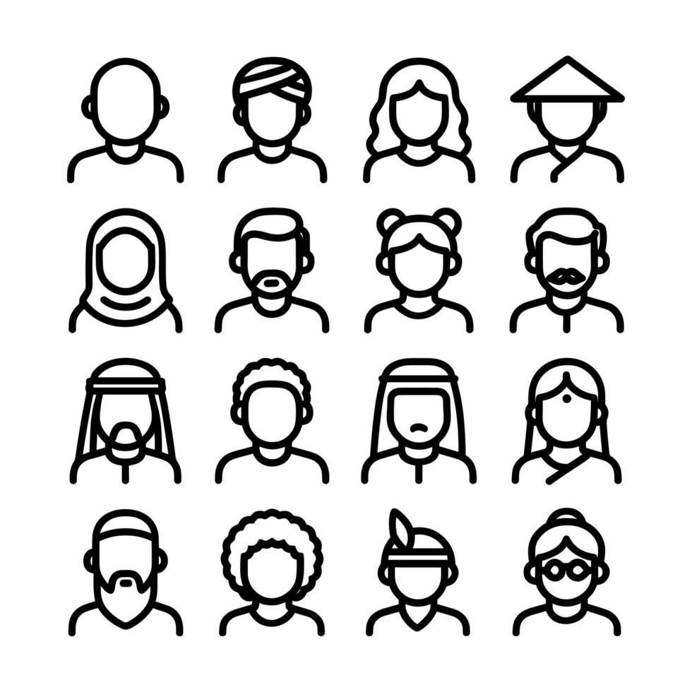 Simple Line Drawing Multicultural Avatar Icon Set, Diverse Global ...
