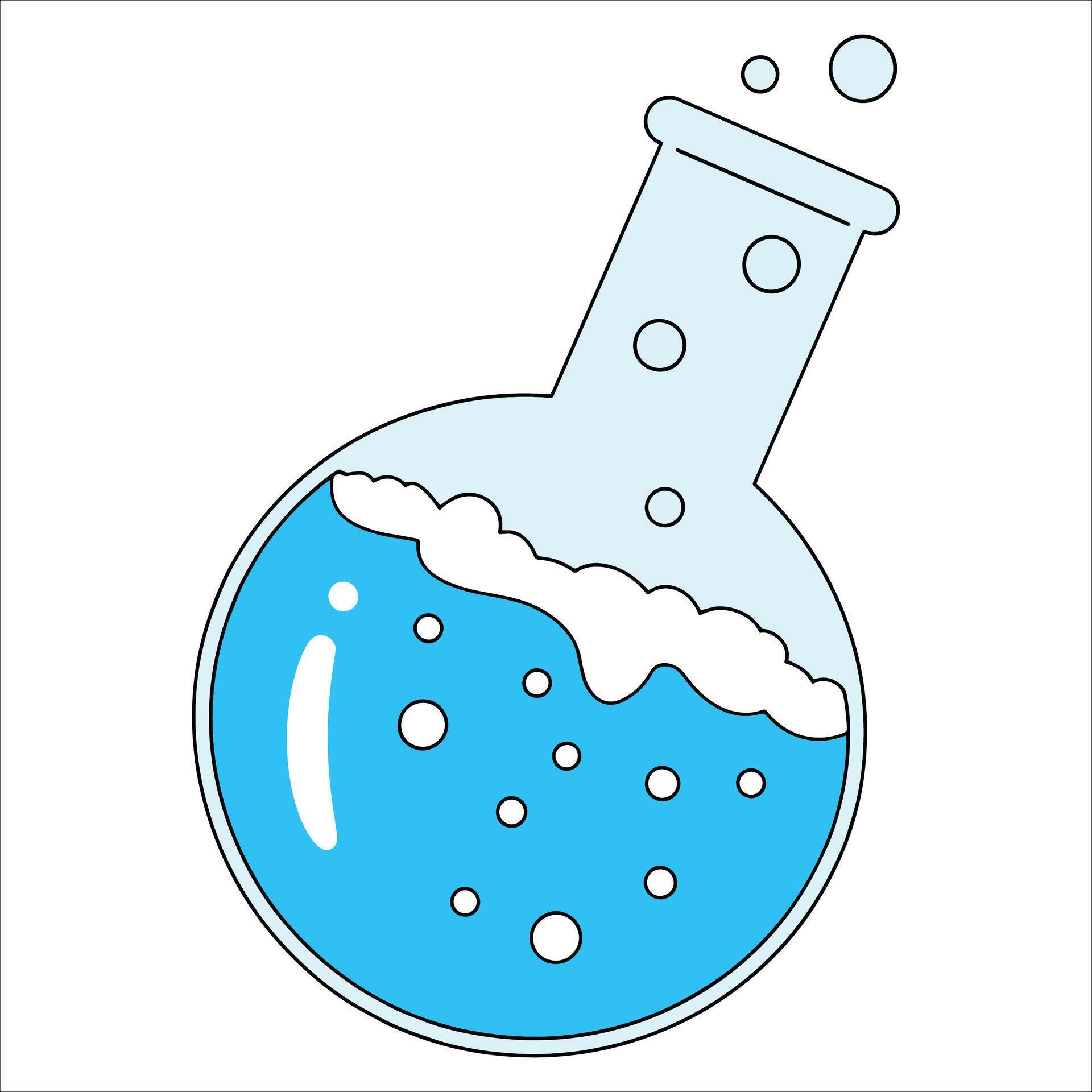Round blue lab flask with bubbling liquid chemical reaction. Flat ...