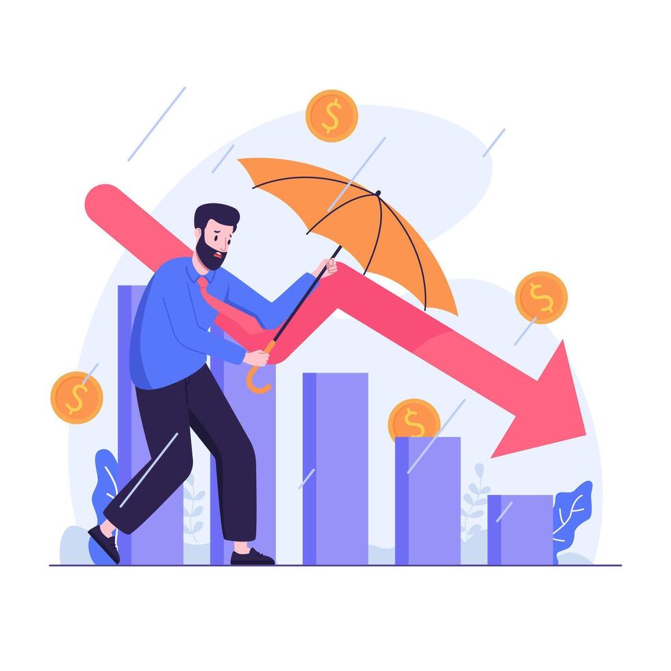 businessman uses an umbrella to withstand the rainstorm of financial ...